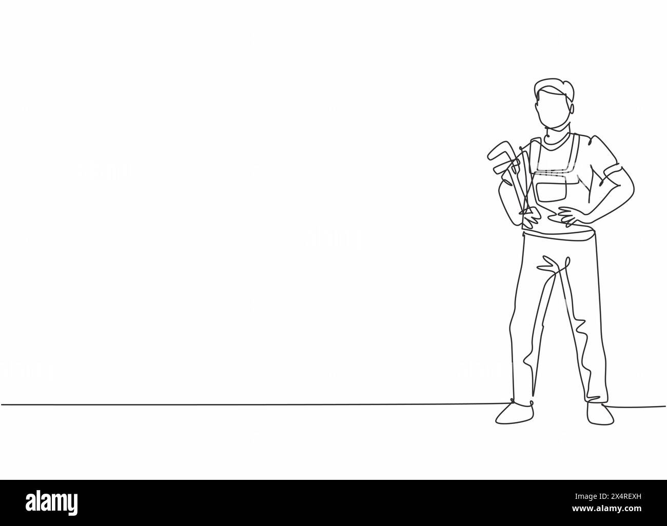 Single continuous line drawing of young male plumber pose standing ang ...
