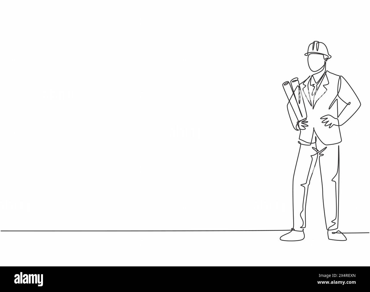 Single continuous line drawing young male architect wearing helmet ...
