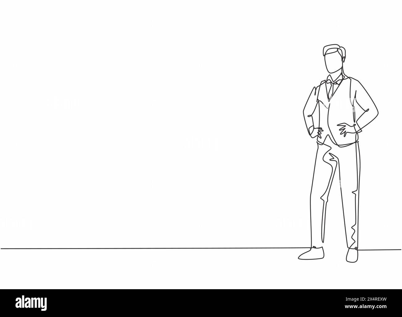 Single one line drawing of young male flight attendant pose standing at ...