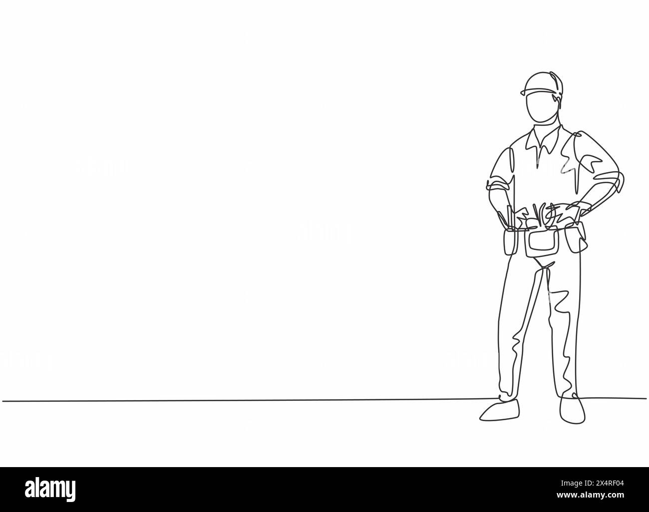Continuous one line drawing of young handsome handyman pose standing ...