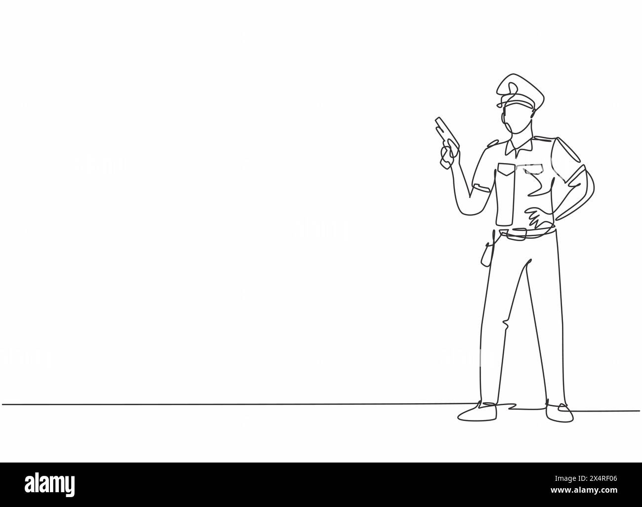 Single one line drawing young policeman pose standing while holding ...