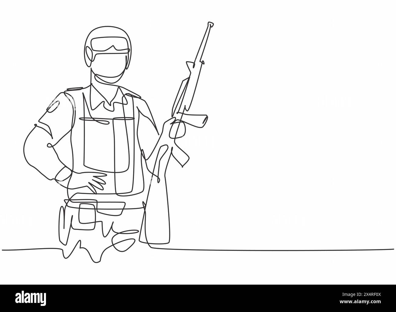 Single one line drawing of young male soldier holding riffle weapon ...