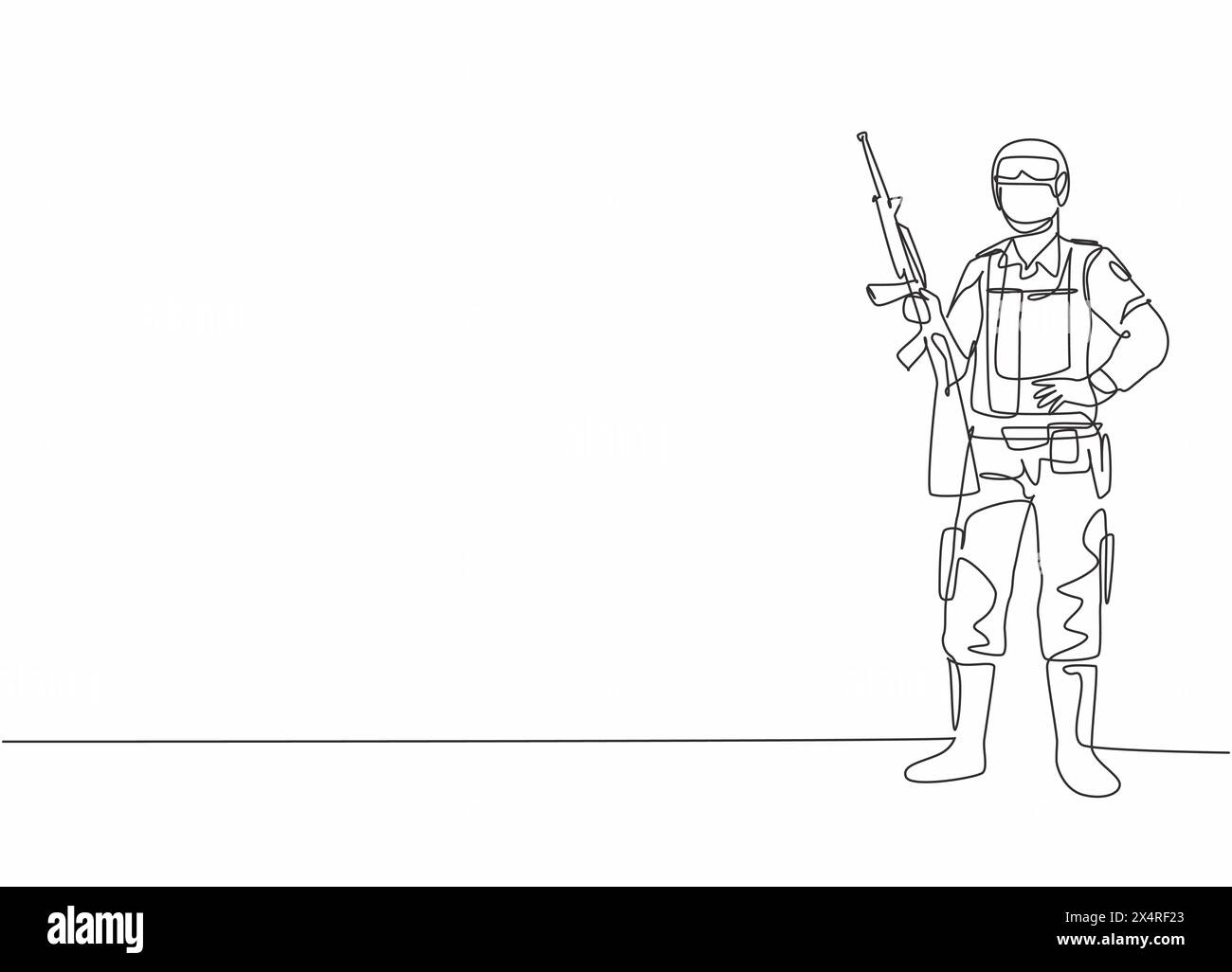 Single continuous line drawing of young male soldier pose standing and ...