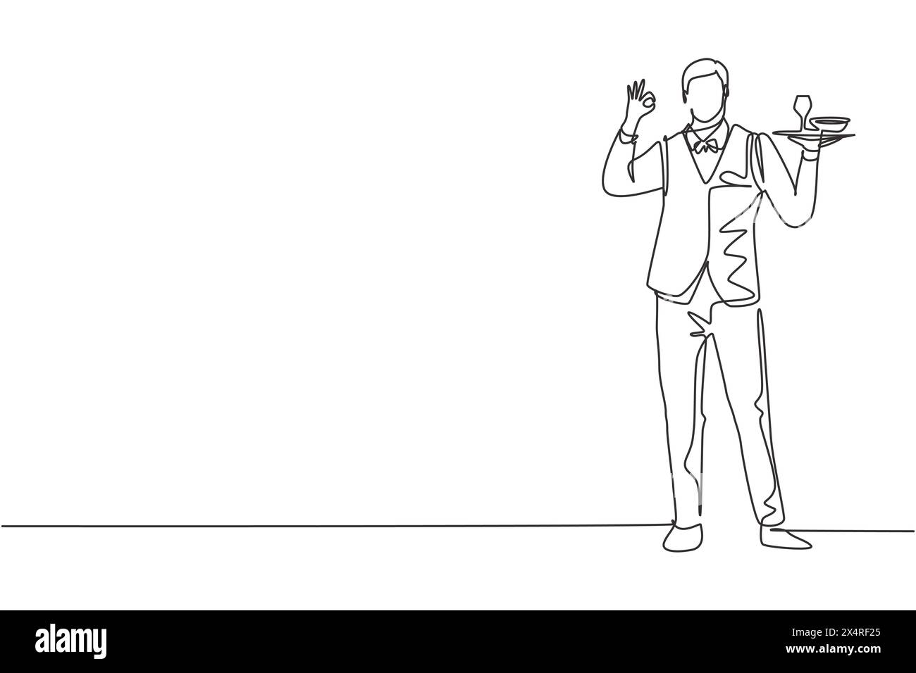 Single continuous line drawing waiter stood up with gesture okay and ...