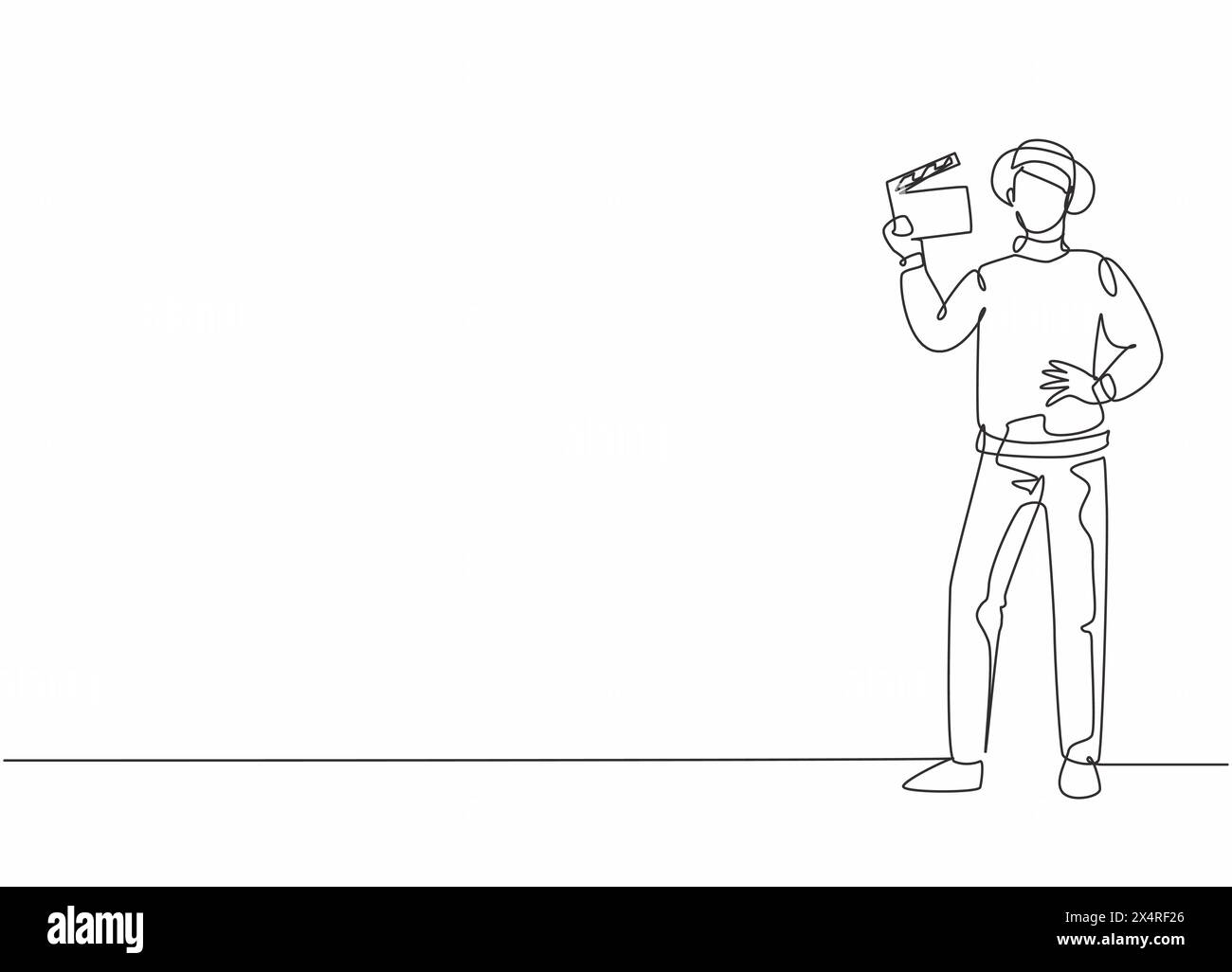 Continuous one line drawing of young talented male film director pose ...