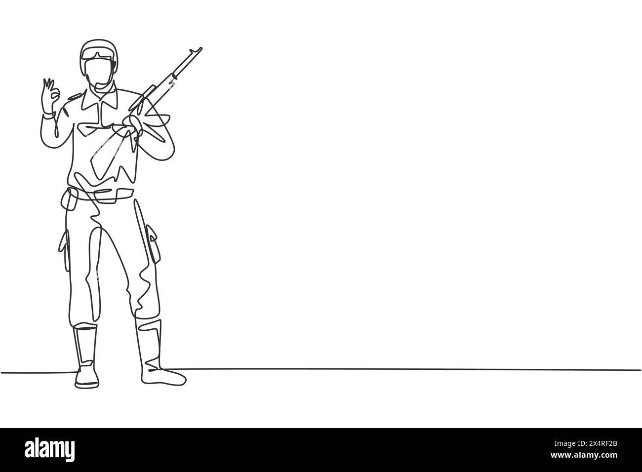 Single continuous line drawing Soldier stands with weapon, full uniform ...