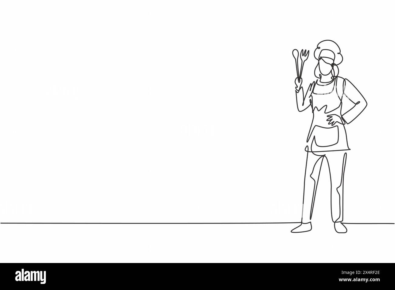 Continuous one line drawing of young beautiful female chef standing ...