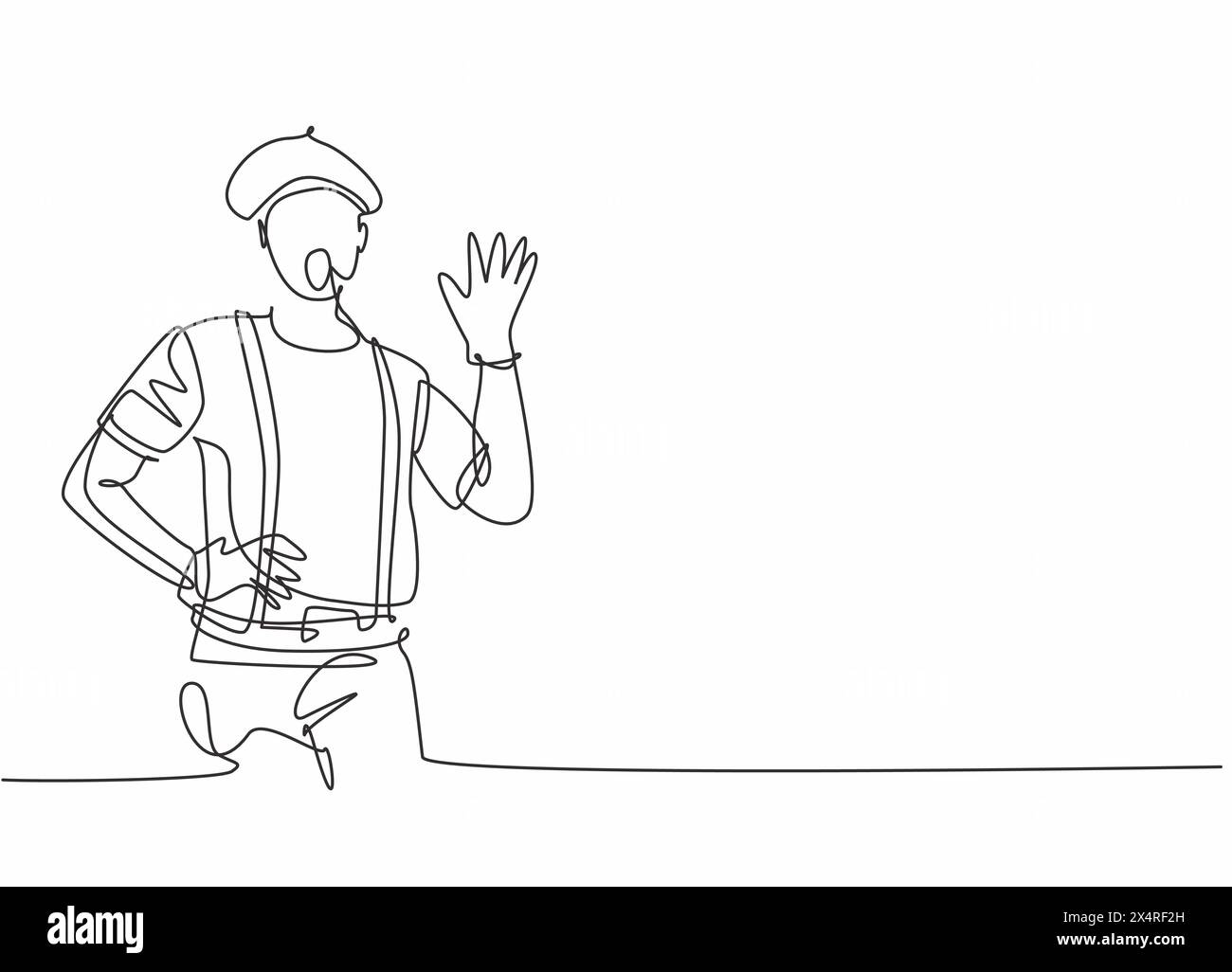 Continuous one line drawing of young male mime artist making hand ...