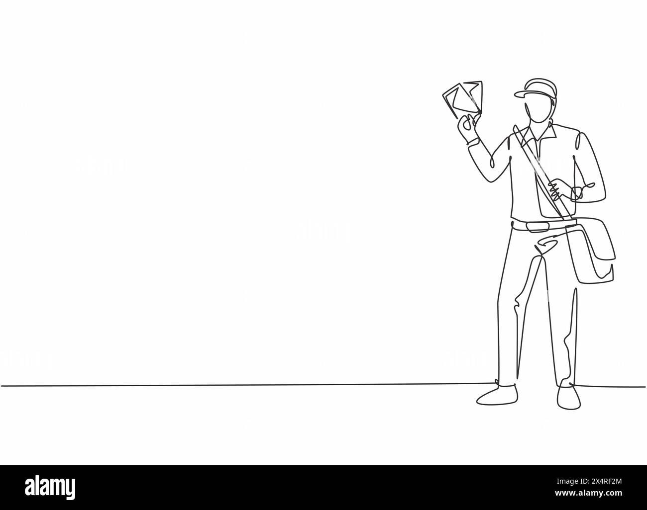 Continuous one line drawing of young mailman pose standing and holding ...