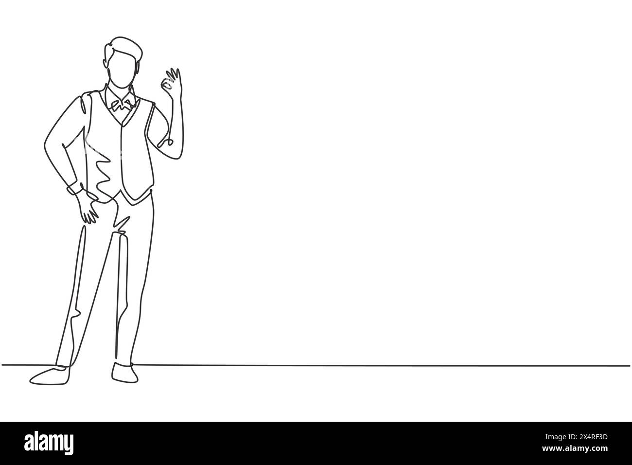 Single one line drawing of steward stands in uniform with gesture okay ...