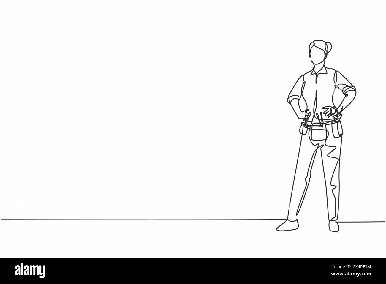 Continuous one line drawing of young beauty female mechanic standing ...