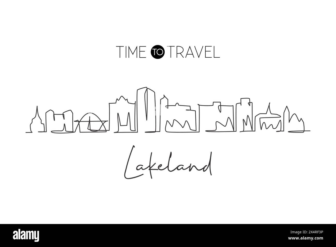 One continuous line drawing Lakeland city skyline, Florida. Beautiful ...