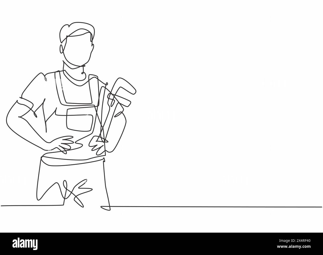 Single one line drawing of young male plumber wearing uniform holding ...