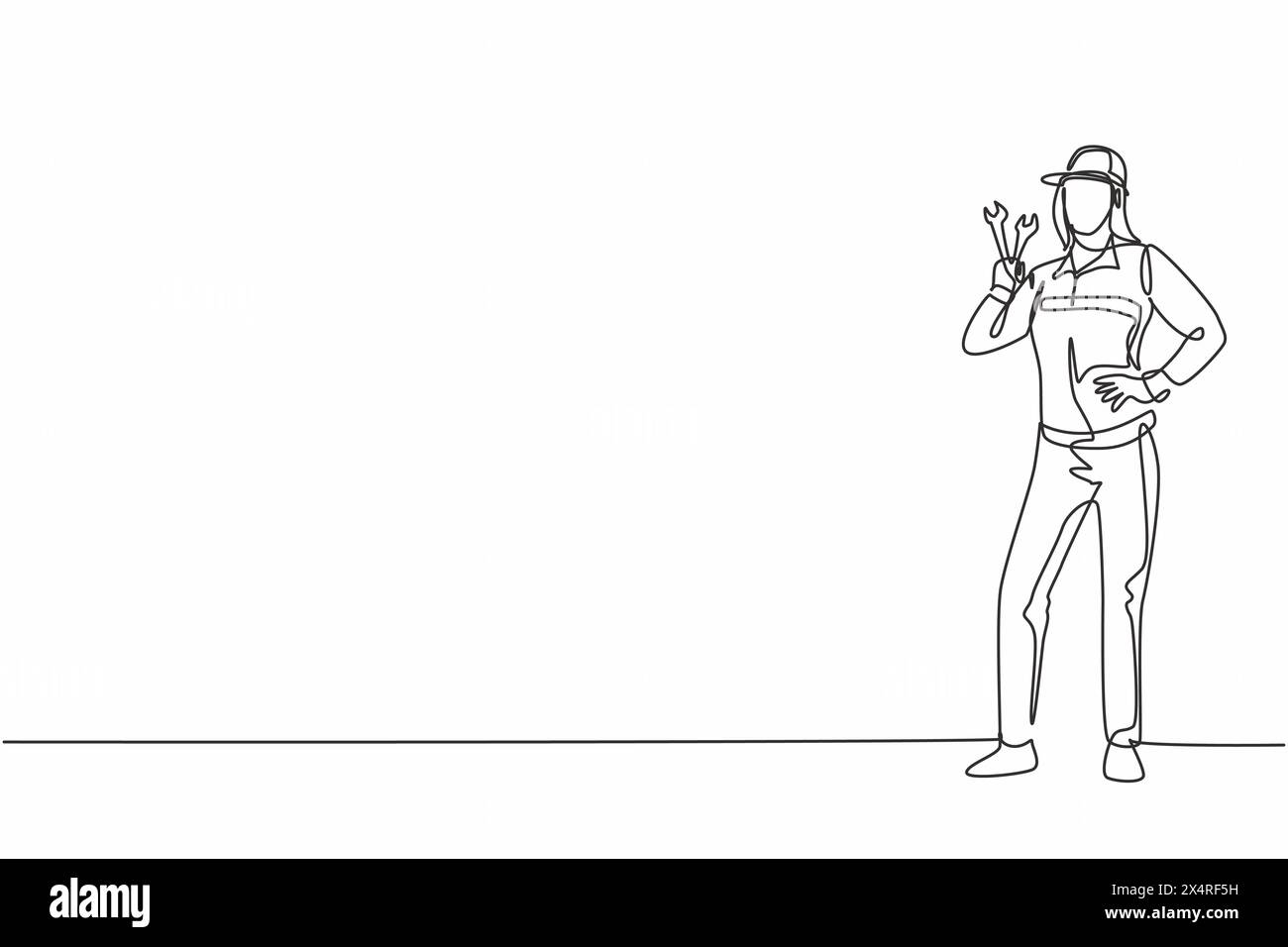 Single one line drawing of young beauty female mechanic posing with ...