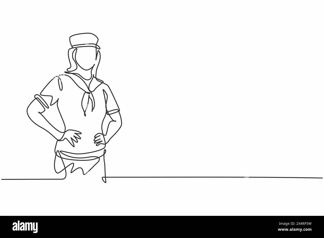 Single one line drawing of young beauty sailor female posing with hands ...