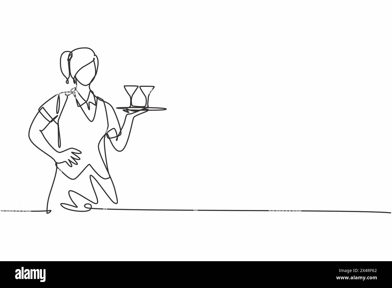 Continuous one line drawing of young female waitress bringing glass on ...