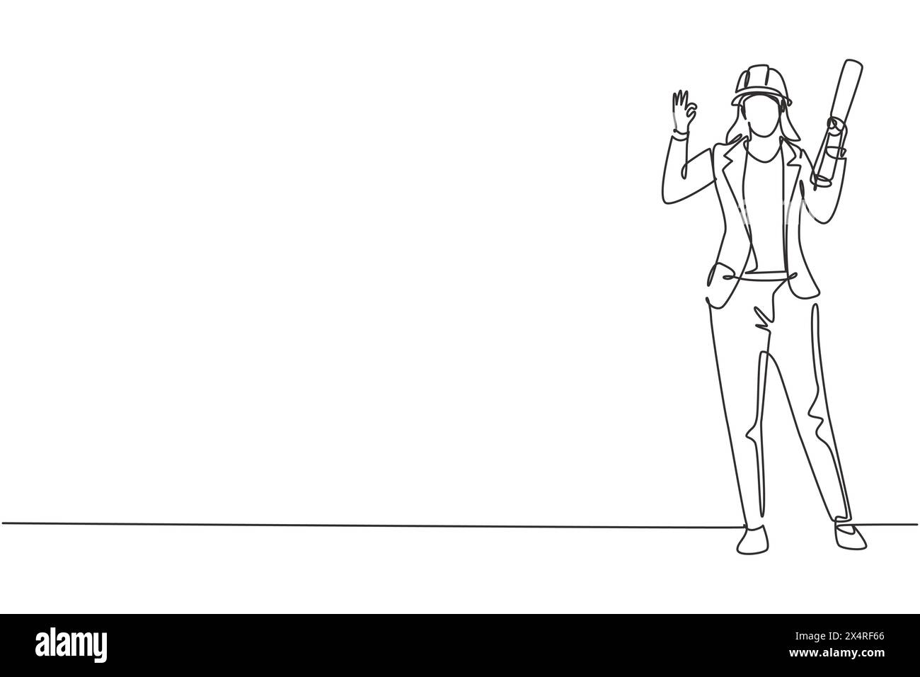 Continuous one line drawing female architect stood with gesture okay ...