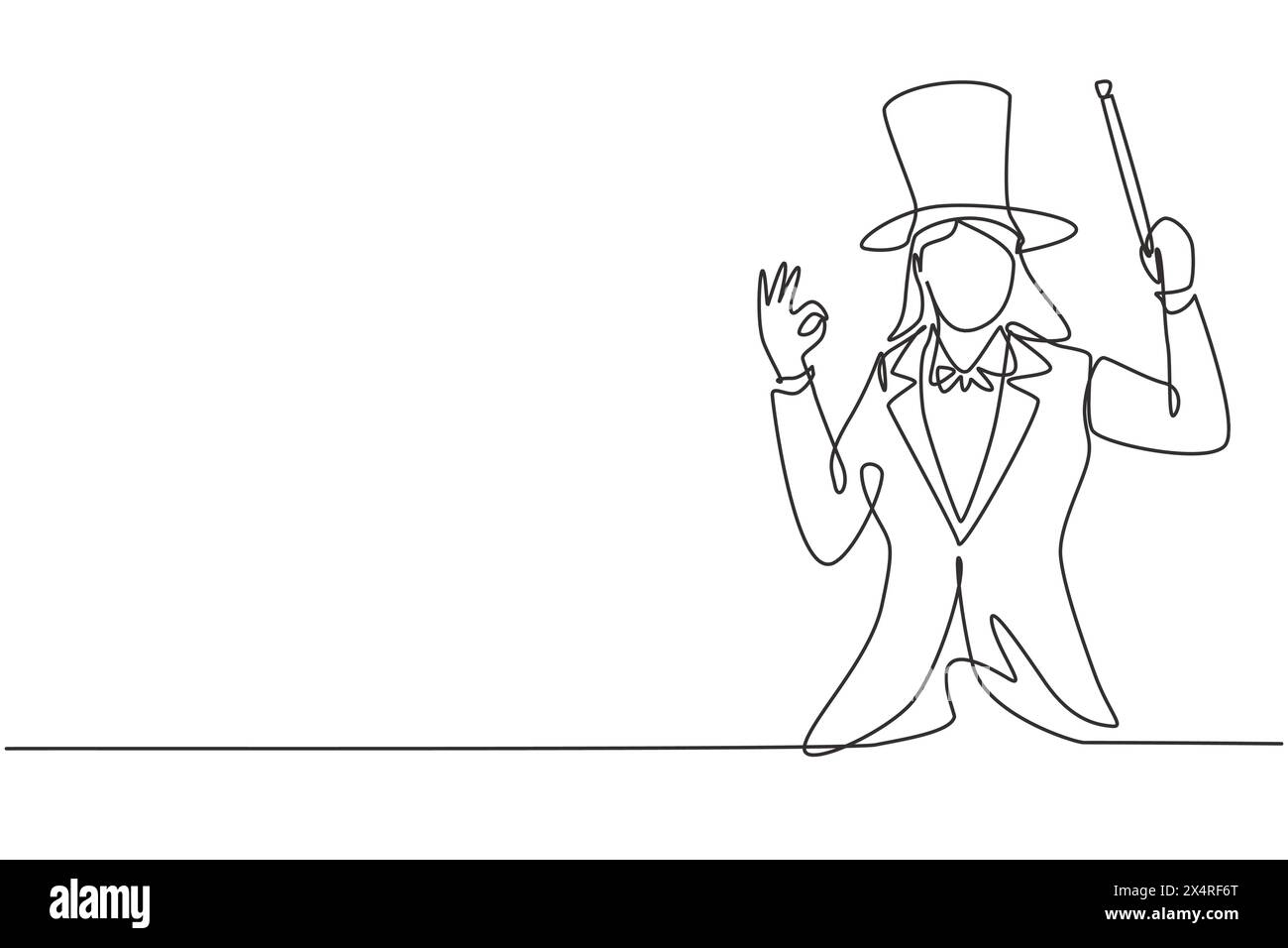 Single continuous line drawing female magician with gesture okay ...