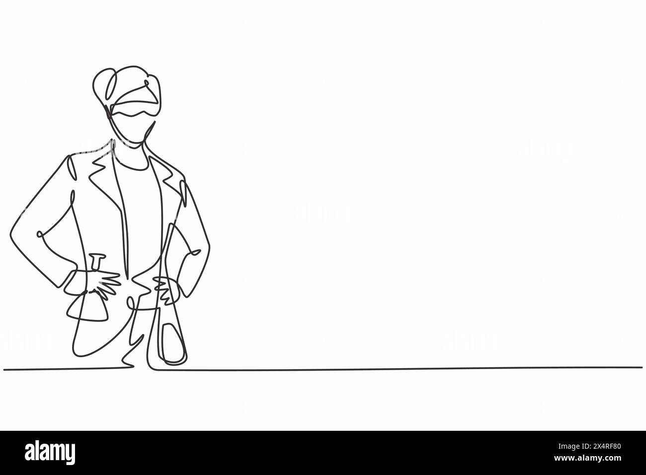 Single continuous line drawing of young female scientist holding flask ...