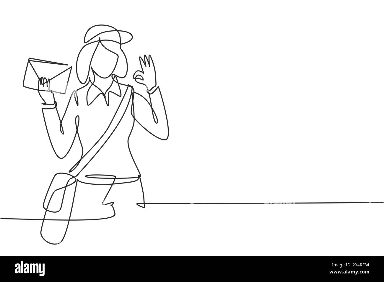 Single one line drawing postwoman wearing hat, sling bag, and uniform ...