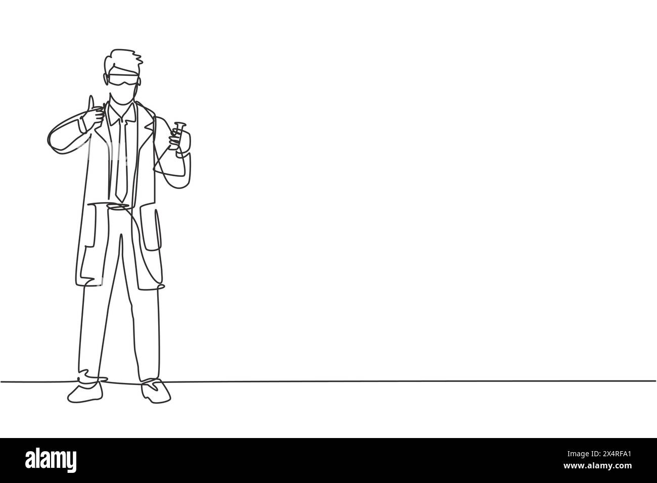 Single continuous line drawing the scientist stands with a thumbs-up ...