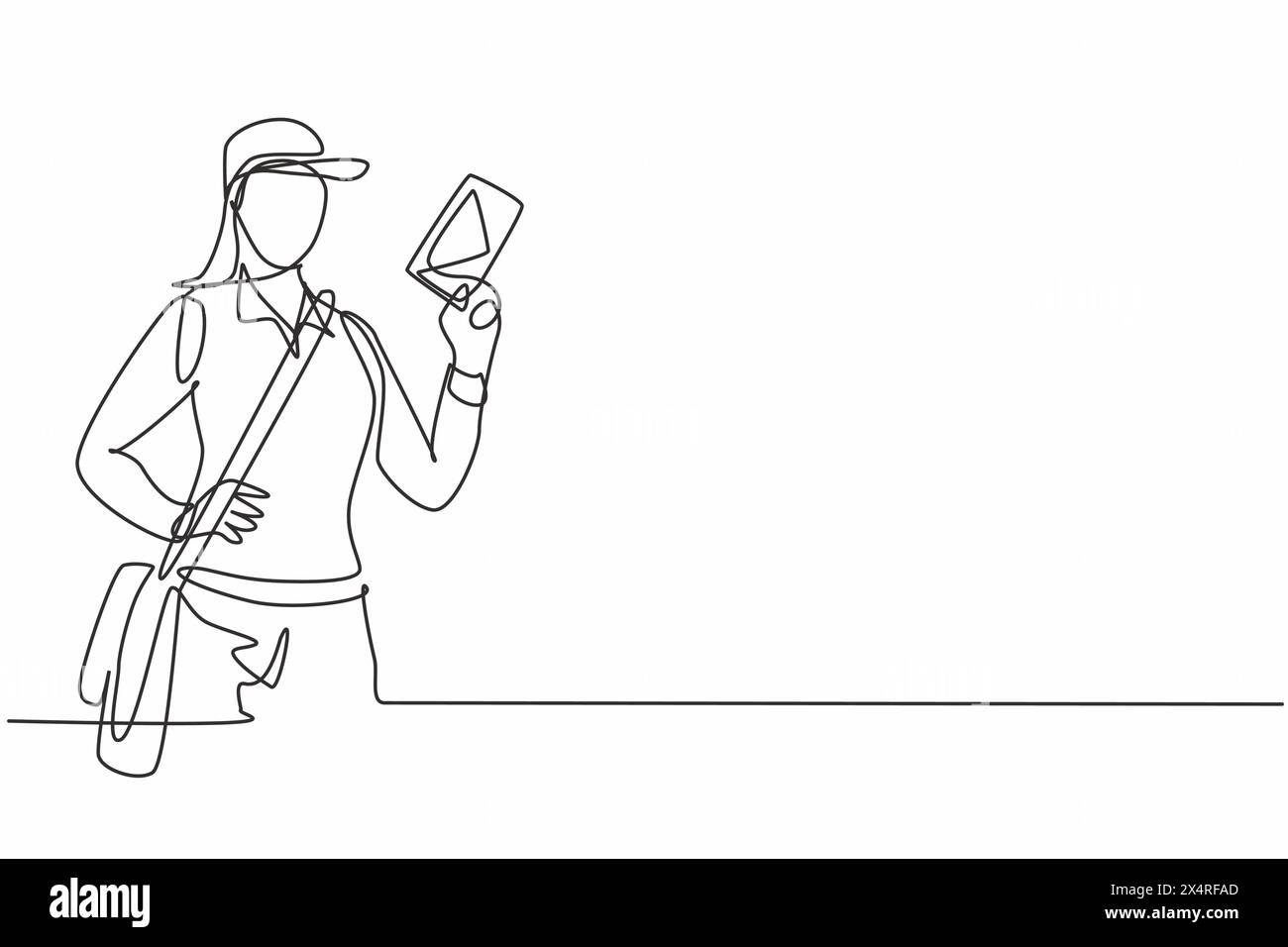 Single one line drawing young mail woman hold letter and posing with ...