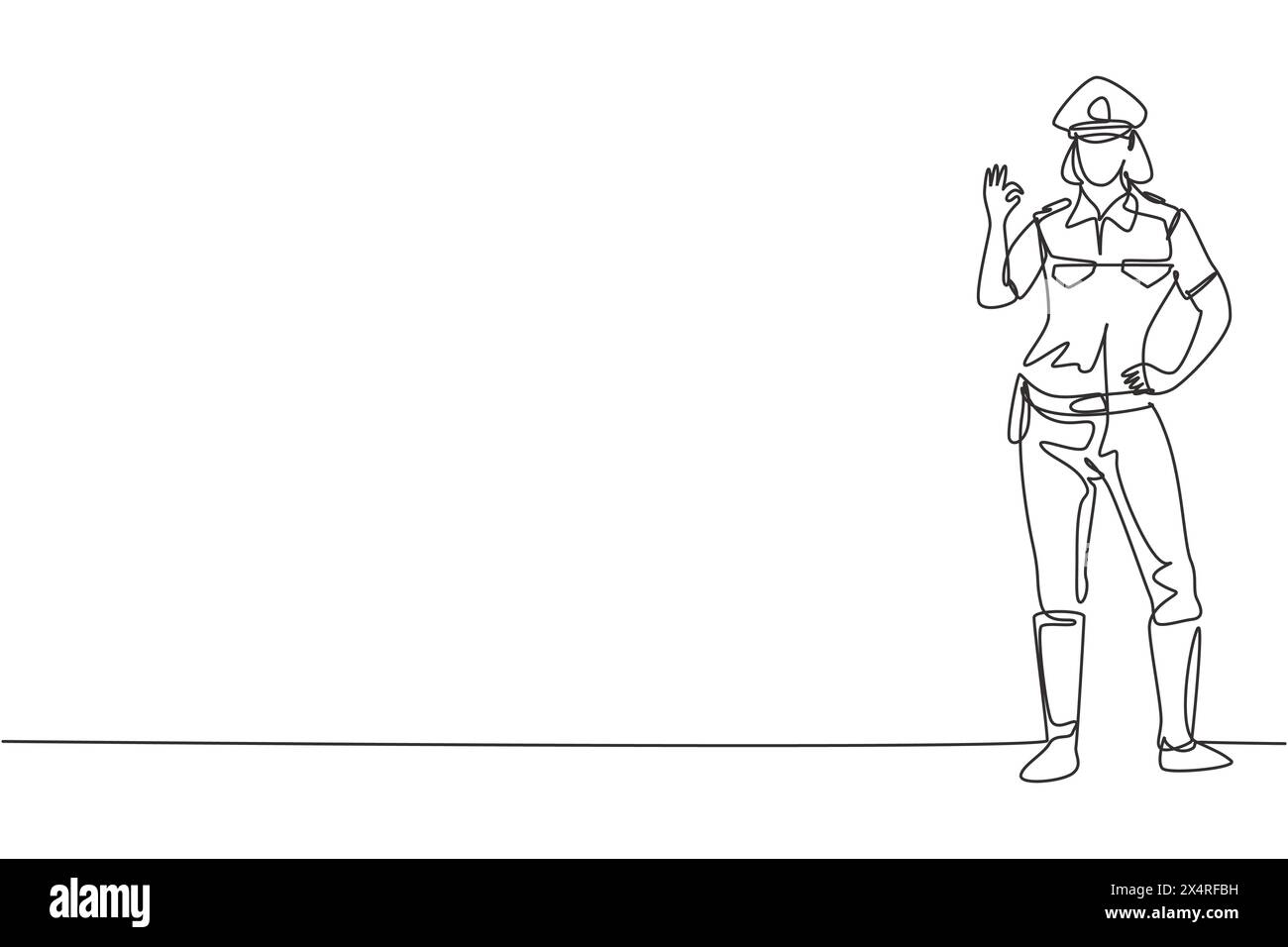 Single continuous line drawing policewoman standing with gesture okay ...