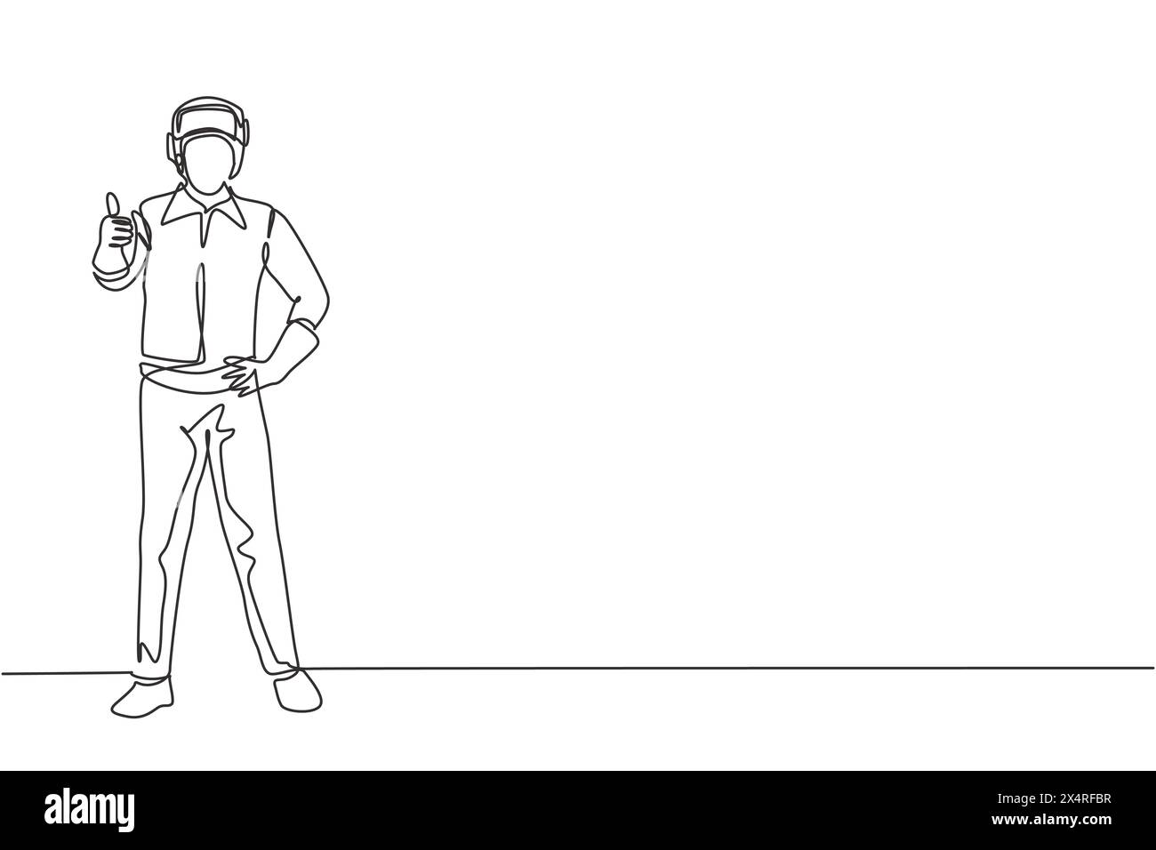 Single continuous line drawing the welder stands with a thumbs-up ...