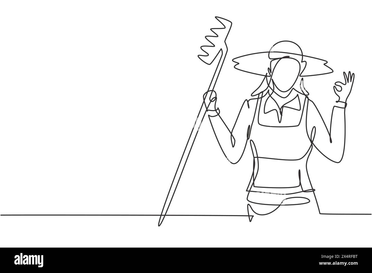 Continuous one line drawing female farmer with gesture okay wearing ...