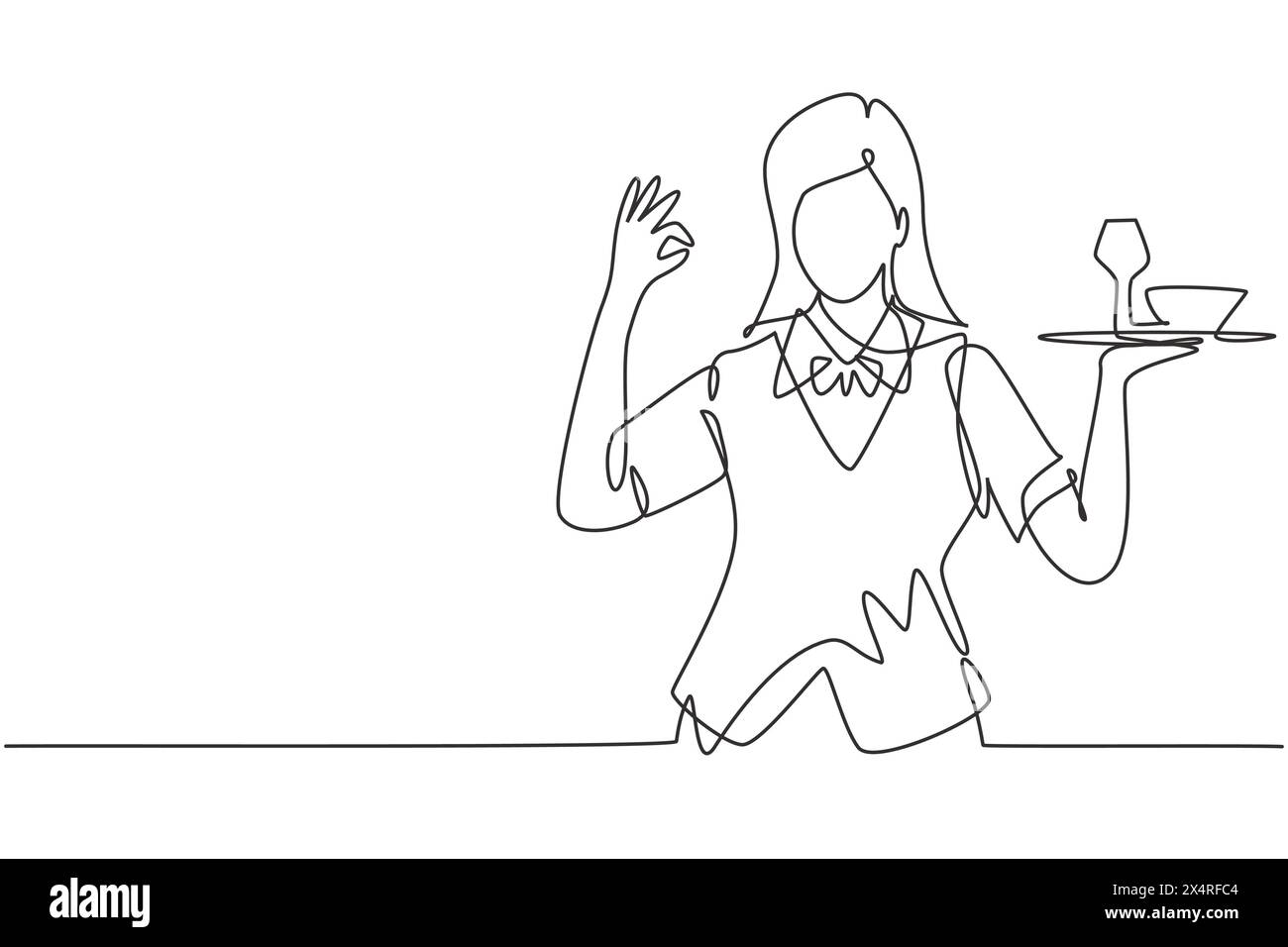 Single continuous line drawing waitress with gesture okay and brought a ...