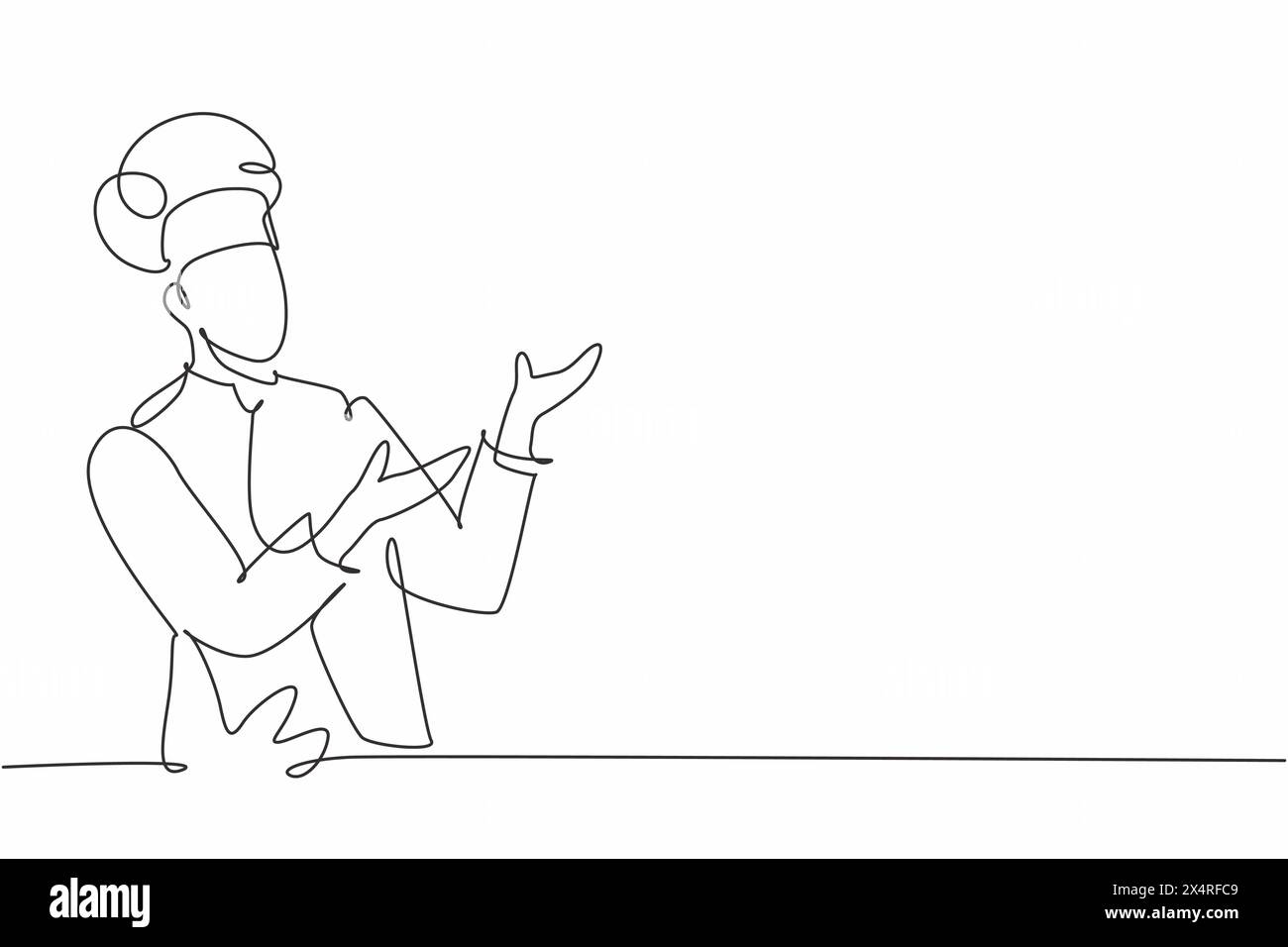 Single continuous line drawing of young friendly man chef in uniform ...