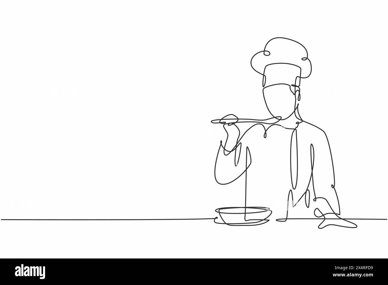 One continuous line drawing of young male chef tasting and smiling soup ...