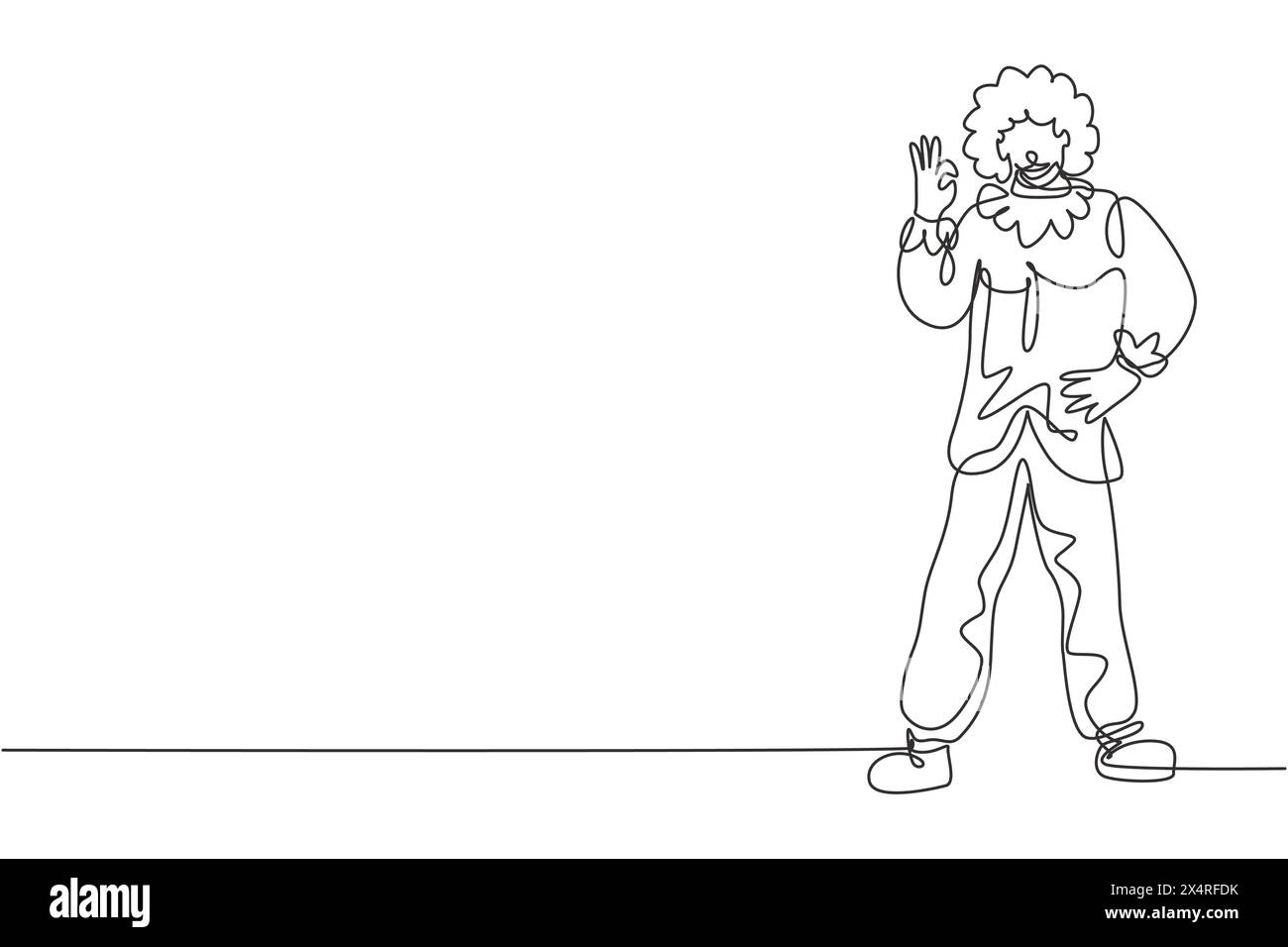 Single continuous line drawing clown stands with gesture okay wearing ...