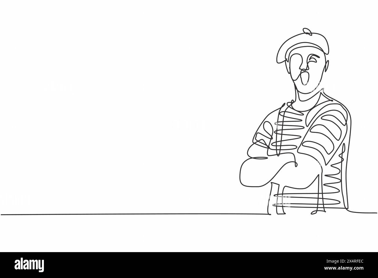 Single one line drawing of young male mime artist with stripped shirt ...