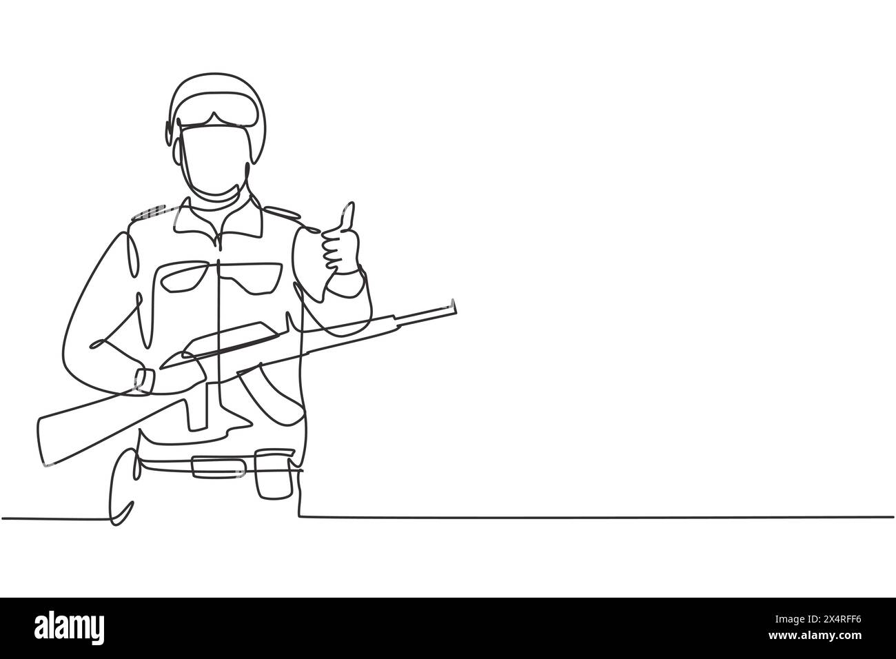 Continuous one line drawing soldiers with weapons, full uniforms ...