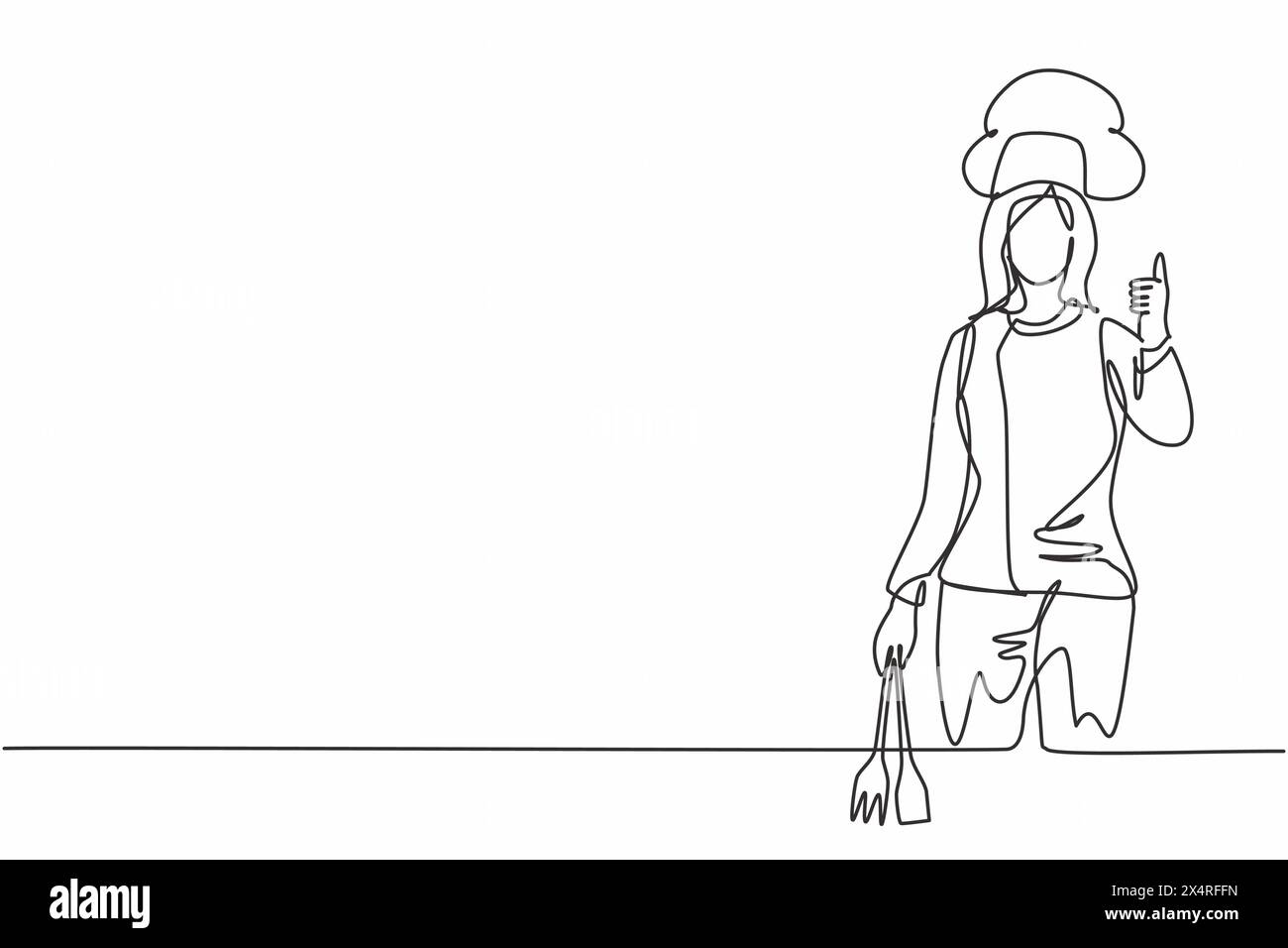 Continuous one line drawing female chef with thumbs-up gesture, cooking ...