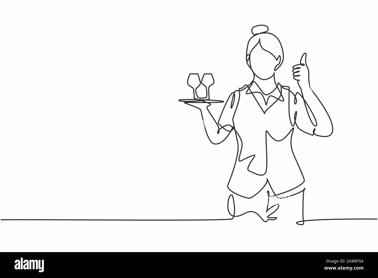 Single one line drawing of waitress with a thumbs-up gesture and ...