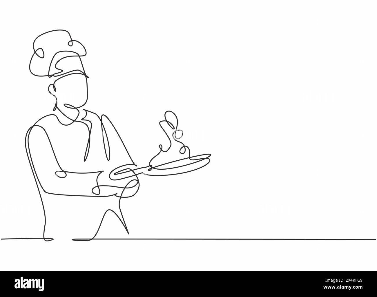 Single continuous line drawing of young confident handsome male chef ...
