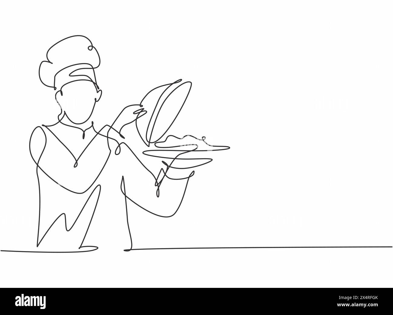 Single one line drawing of young attractive male chef serving delicious ...