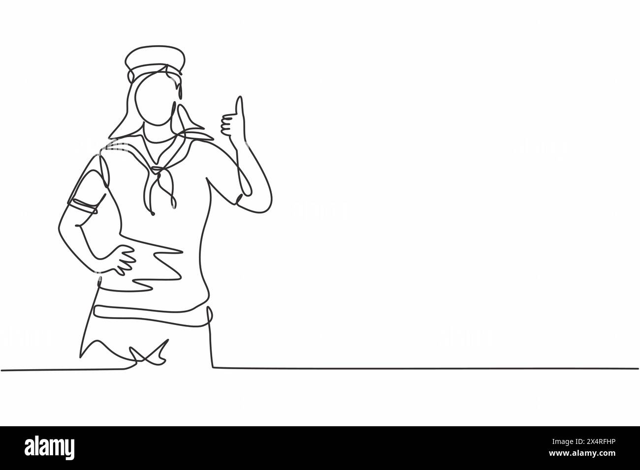 Single one line drawing of sailor woman with a thumbs-up gesture ready ...