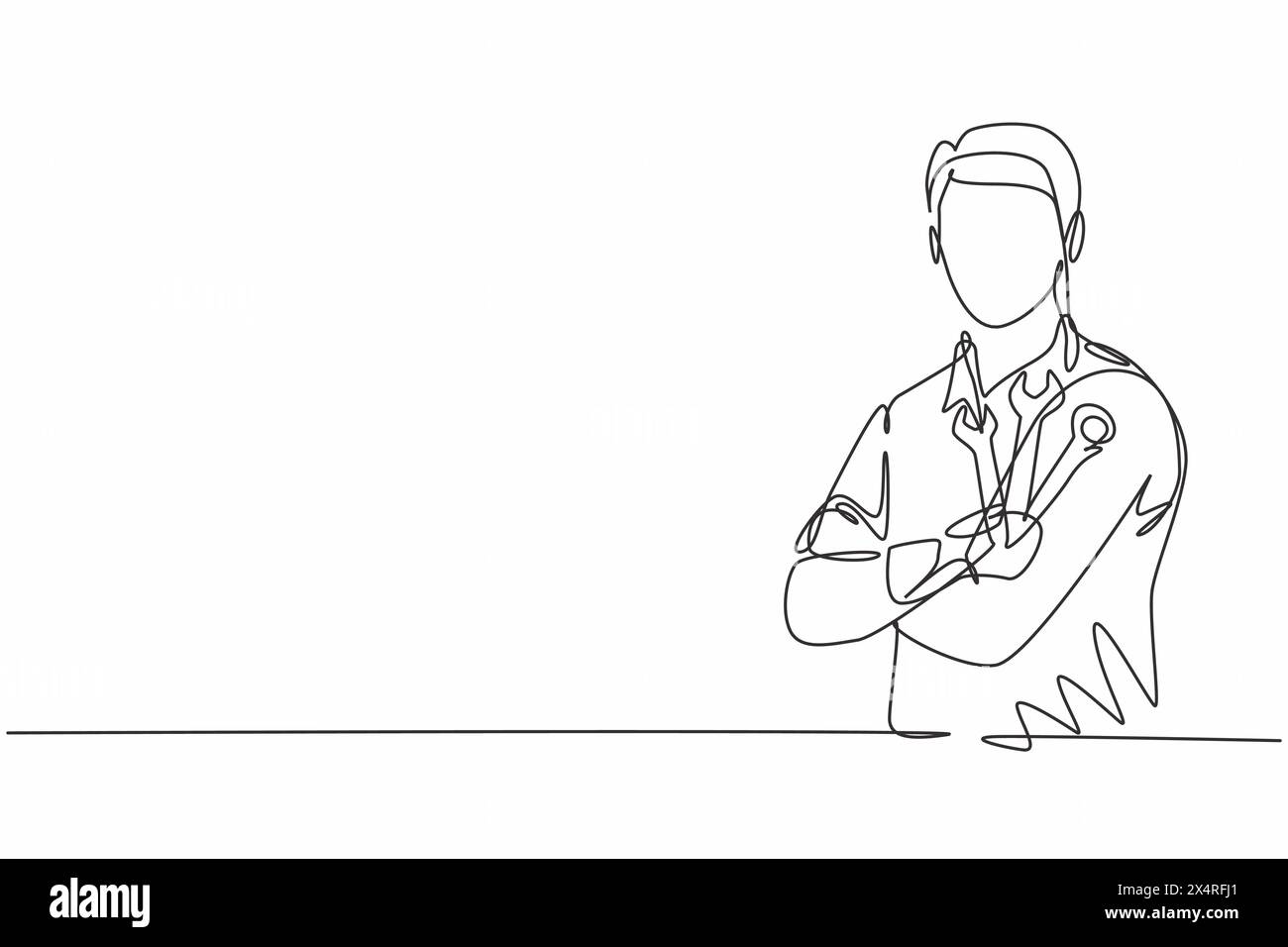 Single one line drawing of young male mechanic posing cross arm on ...