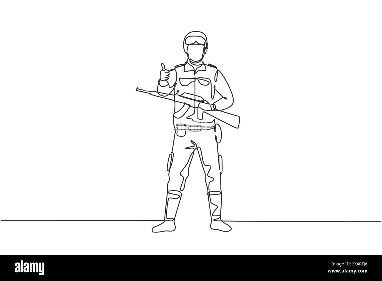 Continuous one line drawing Soldiers stand with weapons, full uniforms ...
