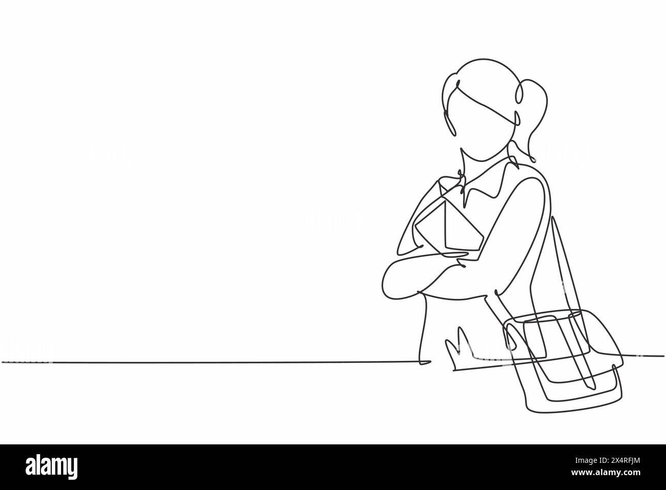 Single one line drawing of young postwoman holding letter and pose ...