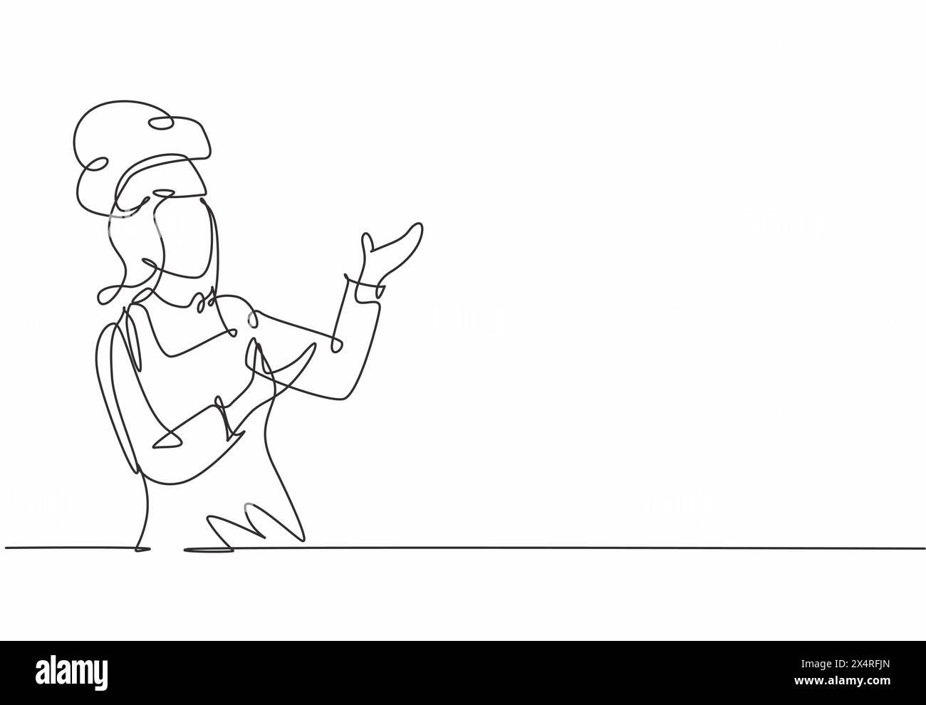 Single continuous line drawing of young friendly woman chef in uniform ...