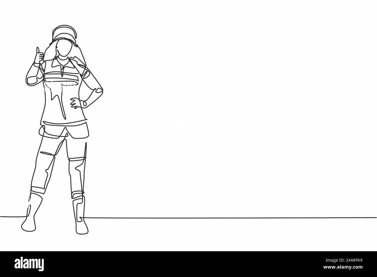 Continuous one line drawing female firefighters stood wearing helmets ...