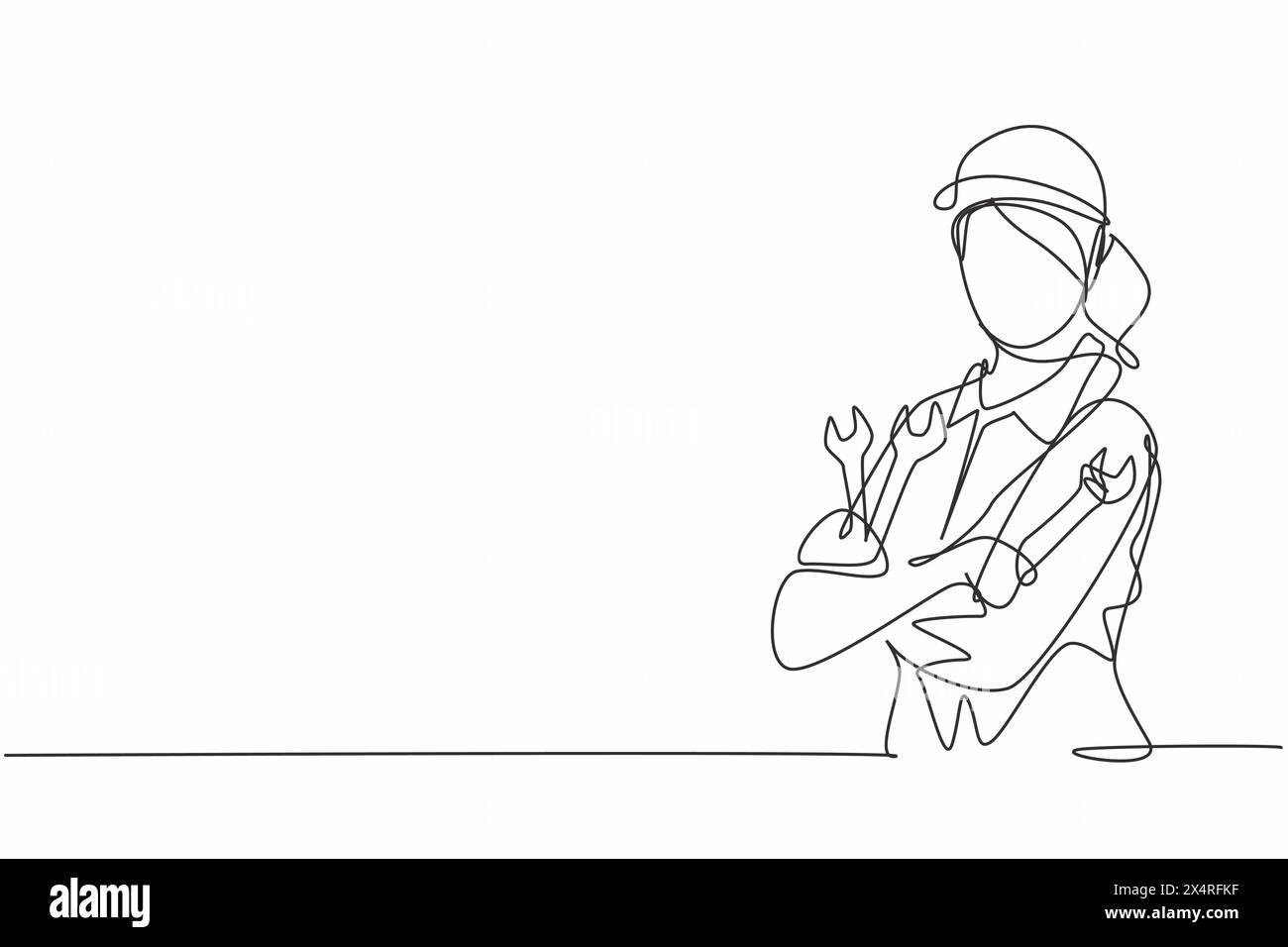 Continuous one line drawing of young female mechanic pose cross arms ...