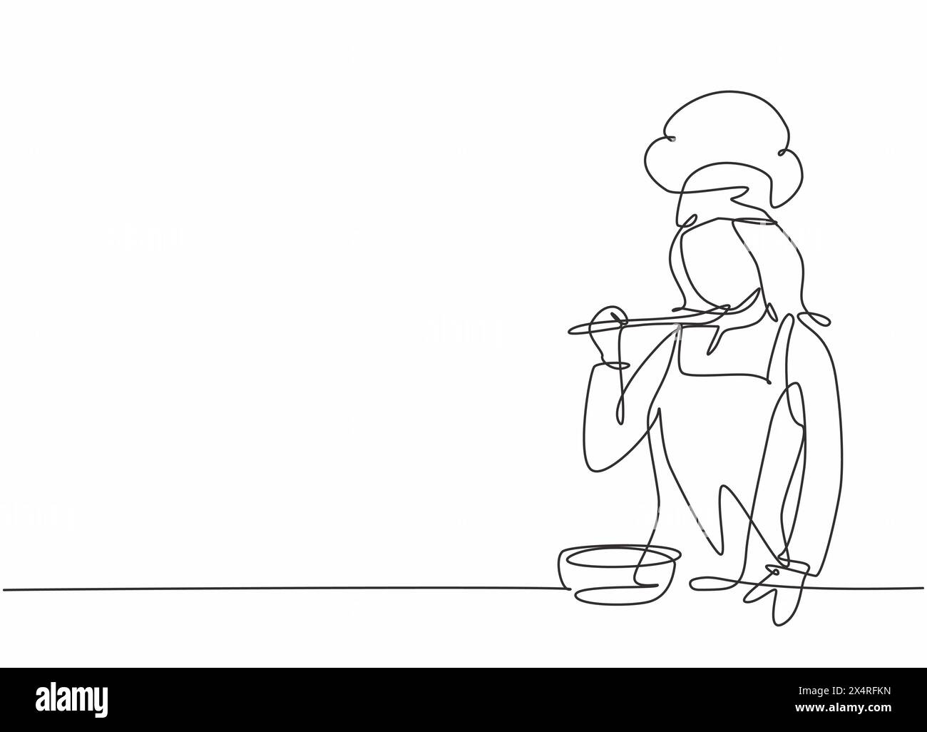 One continuous line drawing of young female chef tasting and smelling ...