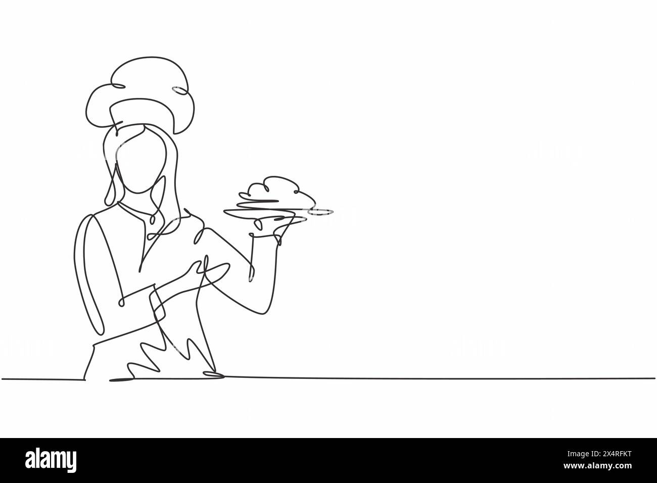 Single one line drawing young happy beauty female chef give tasting ...