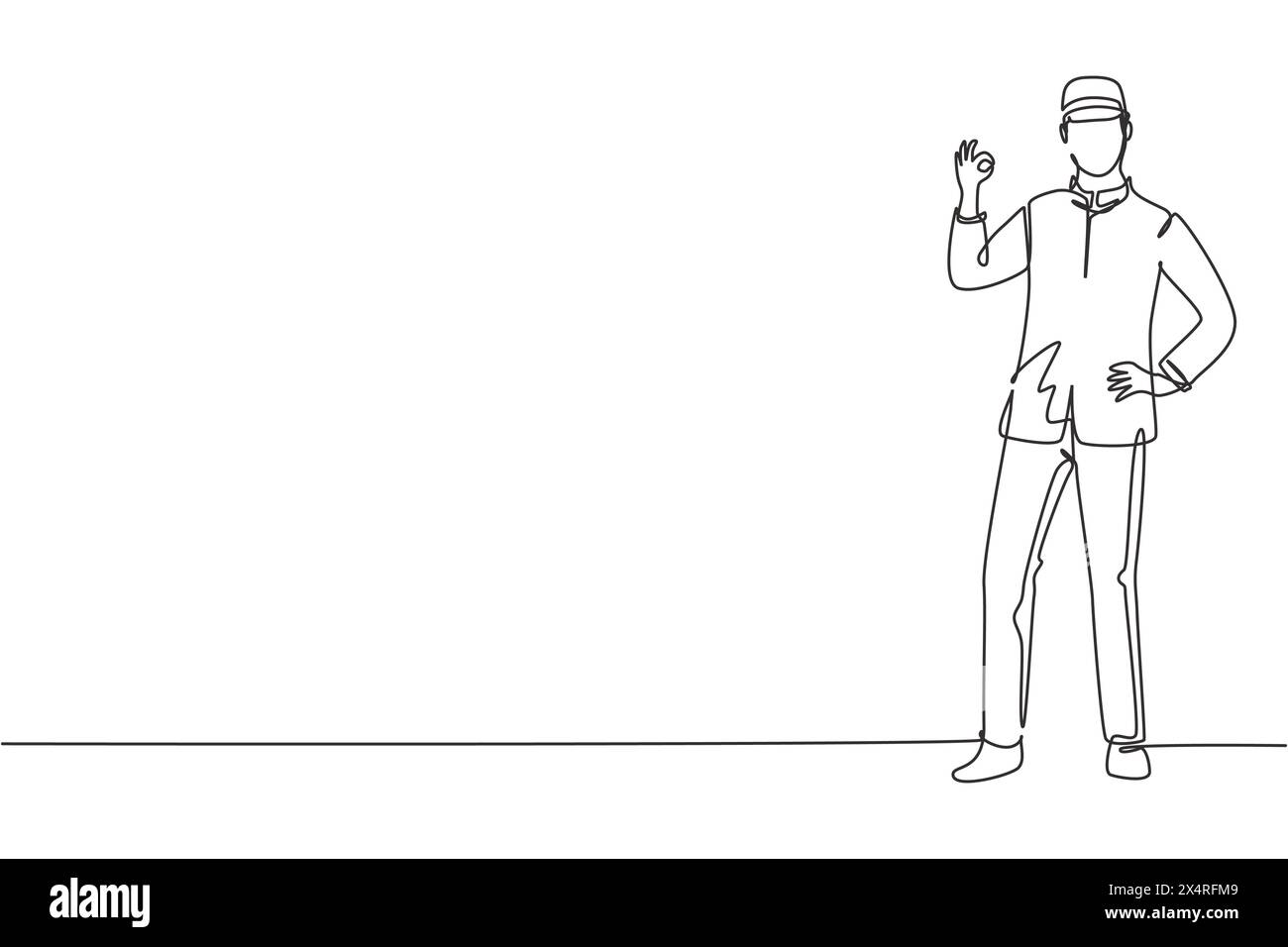 Single one line drawing of doorman stood with one hand on his waist and ...