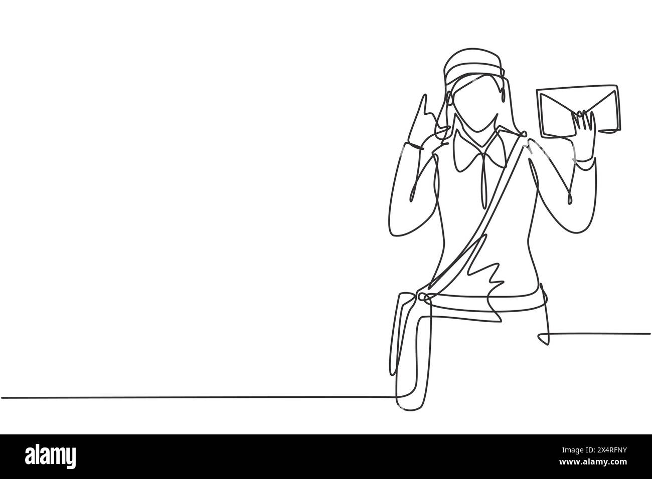 Single continuous line drawing postwoman wearing hat, sling bag, and ...